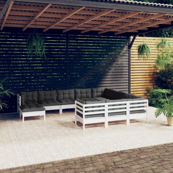 Salon de Jardin 11 Places en Bois de Pin Massif Blanc avec Table Basse et Coussins Anthracite ...