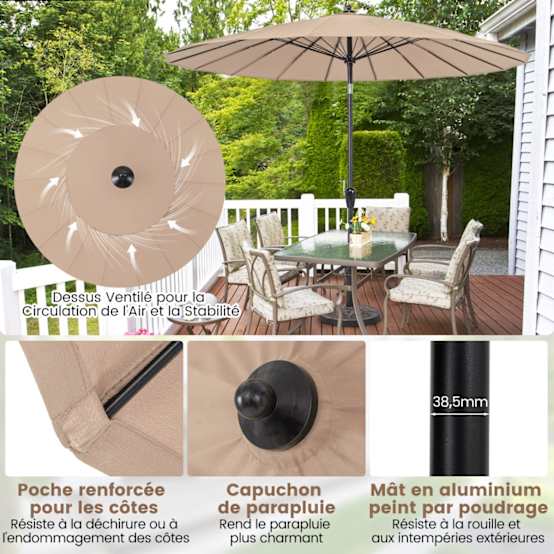 Parasol de Terrasse Rond de 265cm Parasol avec 18 Baleines en Fibre de ...