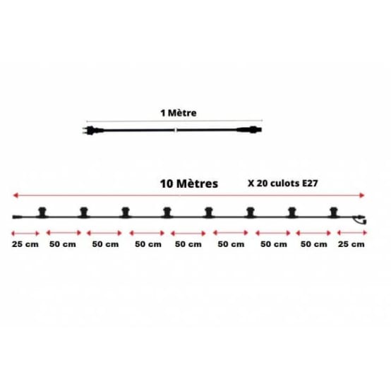 Guirlande guinguette extérieur 10M 20 ampoules LED blanc chaud E27 1W câble noir extensible ...