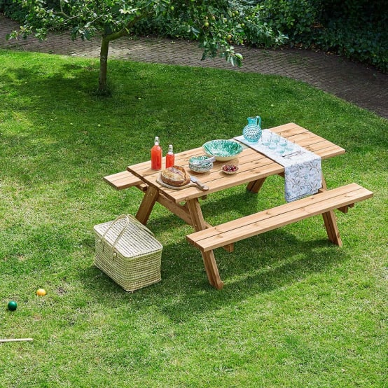 Table de pique-nique en bois 6 places avec bancs repliables ...