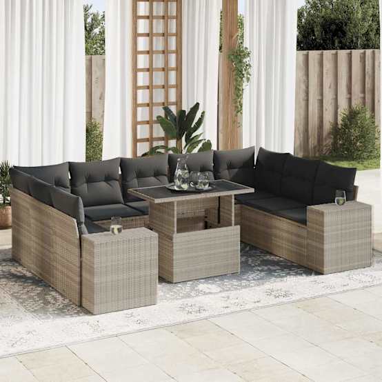 Salon de jardin modulable 10 pcs résine tressée gris avec rangement et ...