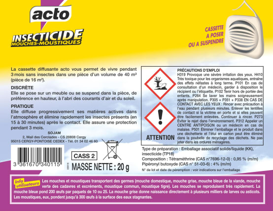 Cassette insecticide mouches-moustiques 20 g - ACTO - Jardiland