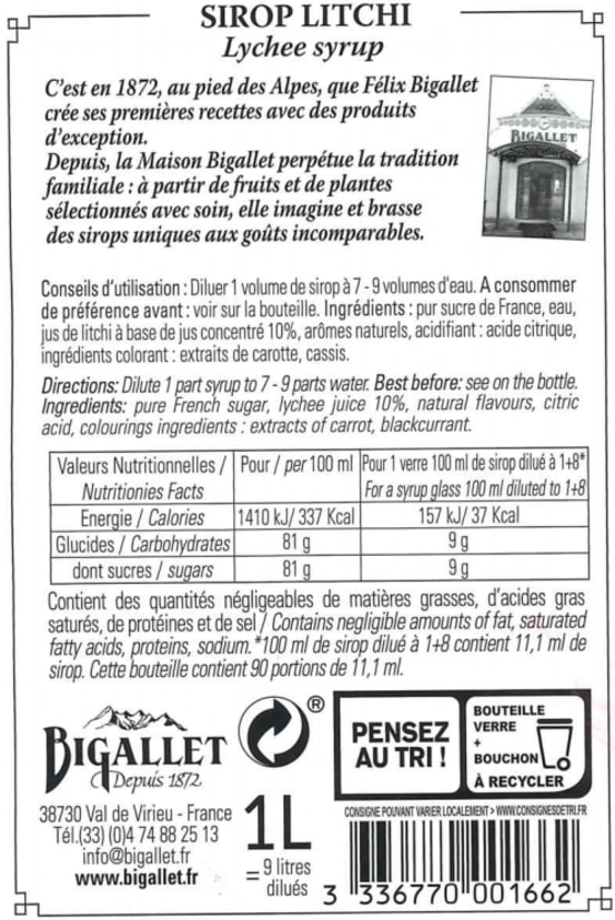 Bigallet - Sirop de Litchi 1L - Jardiland