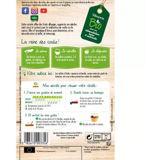 Tomate sachet de graines allongée Roma VF bio 0,5 g - VILMORIN - Jardiland