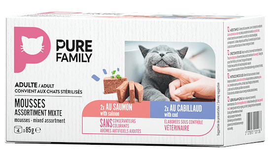 Mousses chat saumon/cabillaud 4x85g - Pure Family - Jardiland