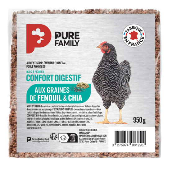 Complemento mineral Bloque confort digestivo para gallina 950 g - Pure Family - Jardiland