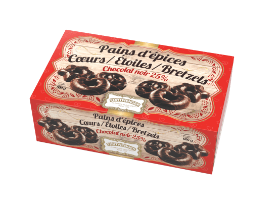 Pain d'épices en forme de cœur, étoiles ou bretzel enrobés de chocolat ...